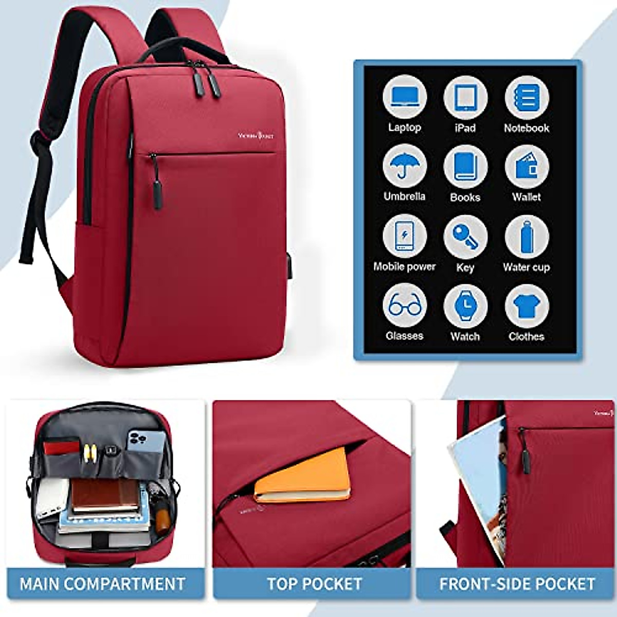 Victoriatourist Laptop Backpack for Women, Backpack College Bookbag with USB Charging Port, Water Resistant Daypack Cute Book Bag for Ladies Fit 15.6 Inch Computer（Red）