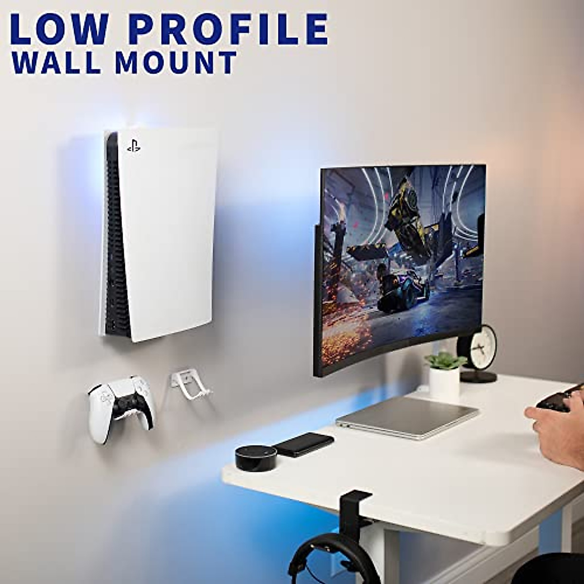 VIVO Steel Wall Mount Bracket Designed for PS5 Gaming Console, Vertical Display for Playstation 5, Open Design, 2 Controller Mounts, White, MOUNT-PS5W