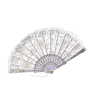 Sepwedd 30pcs Rose Lace Floral Folding Hand Fans Chinese Retro Folding Fan Bridal Dancing Props Church Wedding Gift Party Favors with Gift Bags（White）