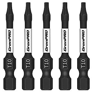 GRENPRO Screwdriving Power Bits T10-2IN*5pcs,Torx Head Bit Set ，2" Long High Impact Tough Magnetic #10 Drill Bit，1/4" Hex Shank S2 Alloy Steel Star Bits Set