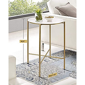 Moncot Round Side Table Small：Gold end Table White Side Table Marble Side Tables for Living Room Bedroom Glass Top Faux Marble TextureModern Brass Metal Frame