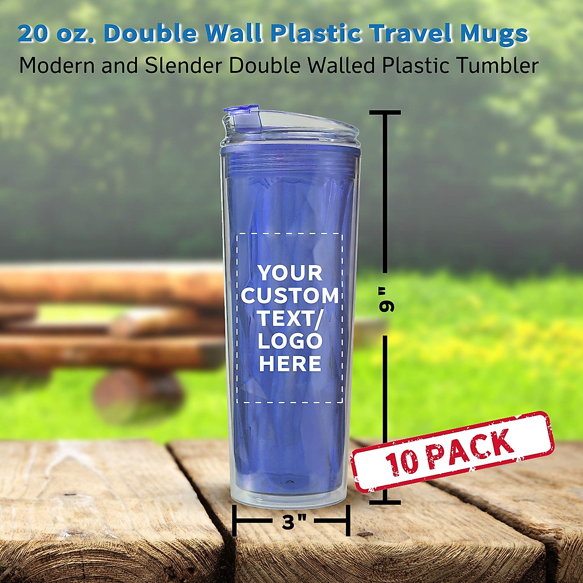 Personalized 20 oz. Double Wall Plastic Travel Mugs - 10 Pack - Custom Text, Logo - Blue