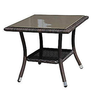 Super Patio Outdoor Patio Wicker End Table Rattan Square Glass Top Wicker Coffee Table Side Storage Table, Aluminum Frame, Espresso Brown