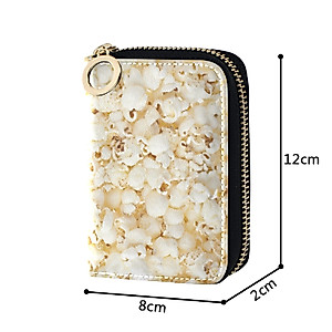 Popcorn Texture White Credit Card Coin wallet, RFID Blocking Compact Women Leather Card Holder, Key Change Organizer, Zipper Purse Clutch Pouch Pocket