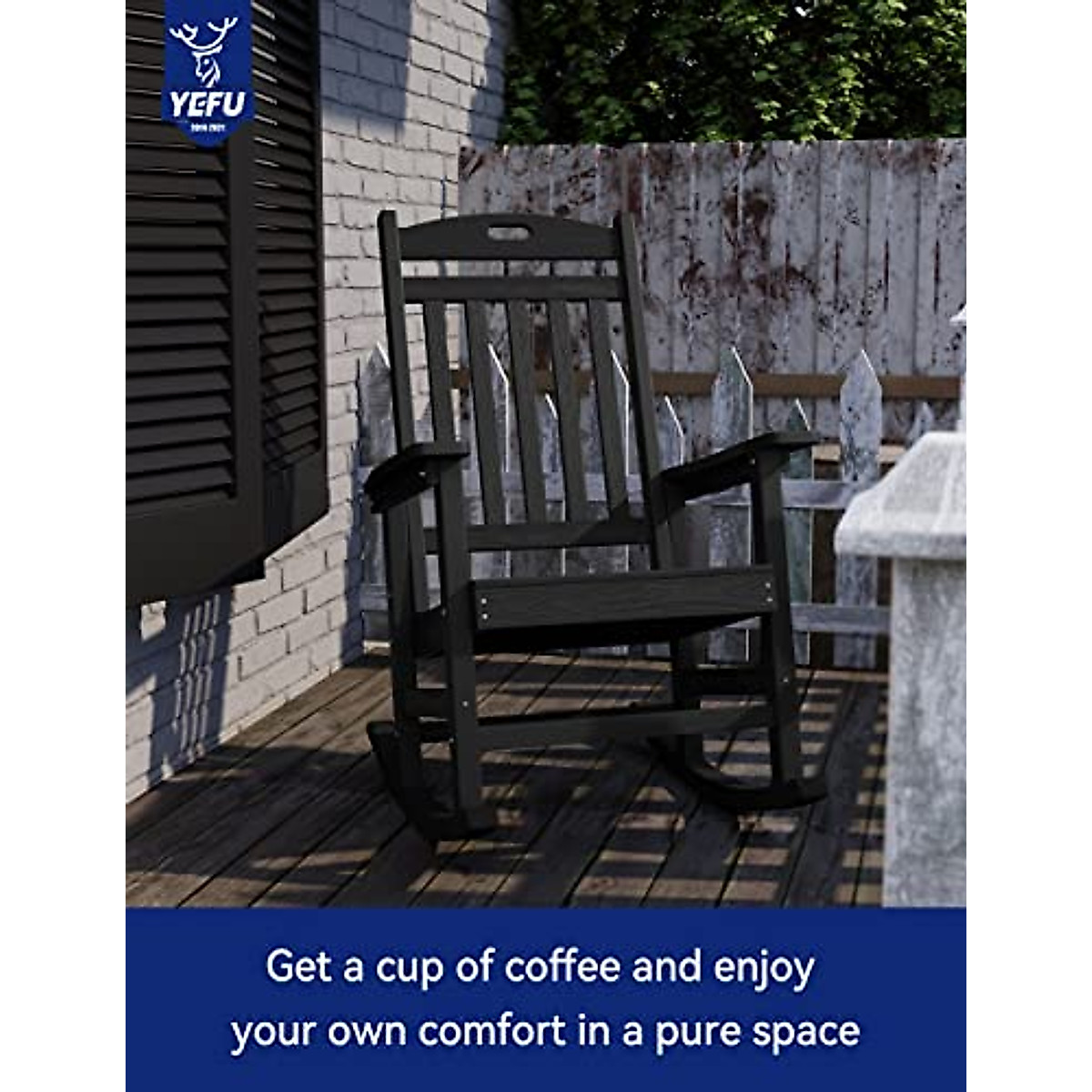 YEFU Outdoor Rocking Chair, Poly Lumber Patio Rocker Chair with High Back, Poly Rocking Chair Look Like Real Wood, Widely Used for Lawn, Porch, Backyard, Indoor and Garden,380lb Heavy Duty(Black)