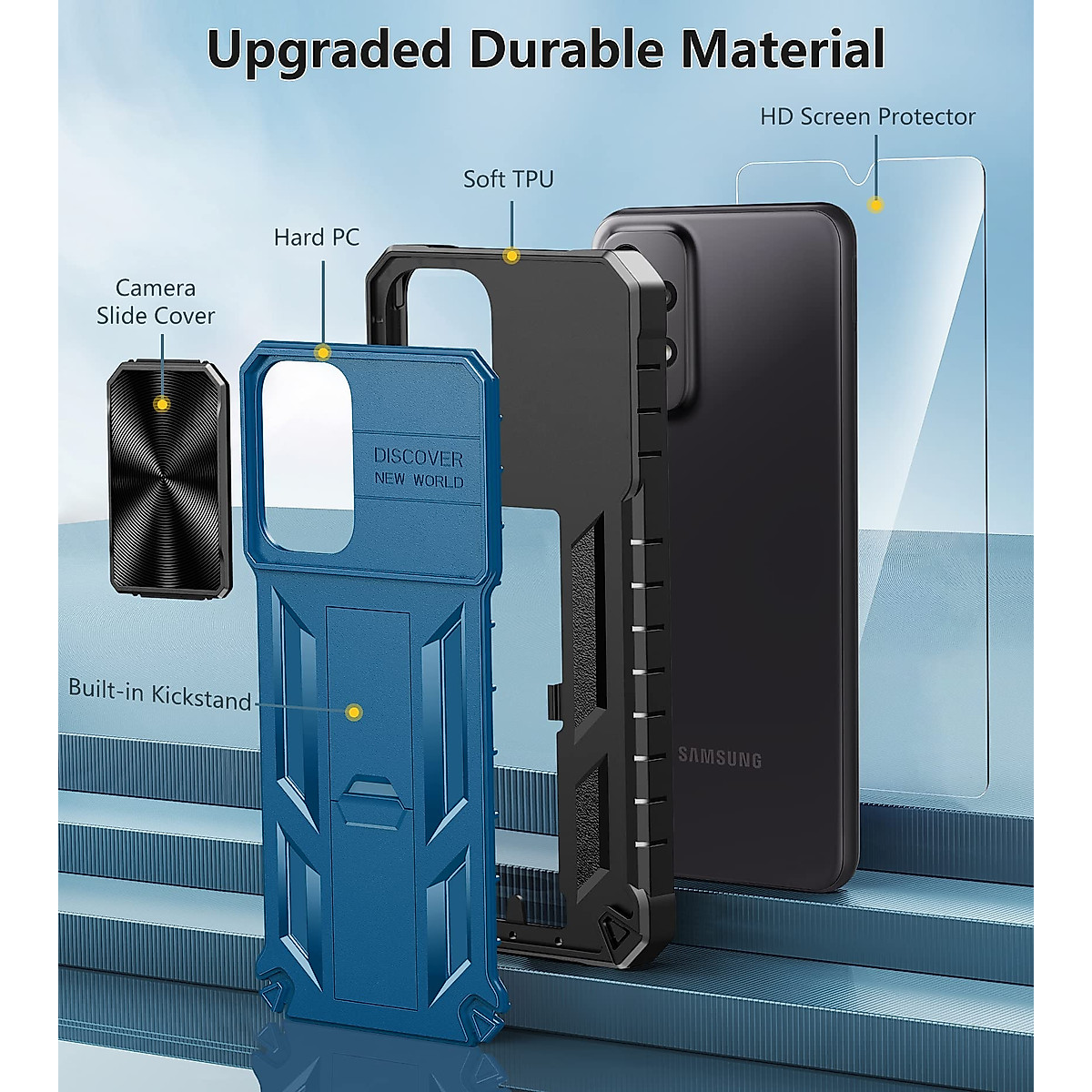 FNTCASE for Samsung Galaxy A23 Protective Case: Military Drop Protection Rugged Sturdy Cellphone Cover with Kickstand & Slide | Shockproof Heavy-Duty Tough Bumper for Samsung A23 5G/4G Phone - Blue