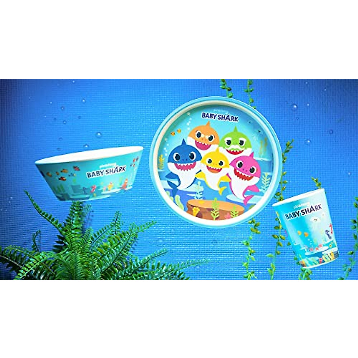 Zak Designs Baby Shark Dinnerware Set for Kids Includes 8" Plate, 6" Bowl, and 10oz Tumbler, Durable and Sustainable Melamine Bamboo Material (3-Piece Set)