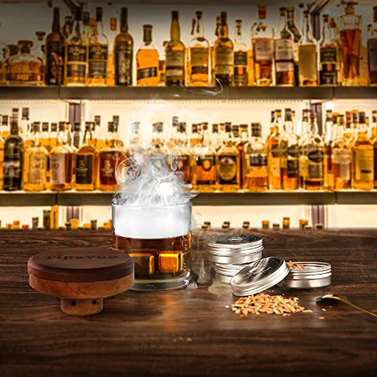 Tipsyoo Cocktail Smoker Kit with Torch Drink Smoker Old Fashioned Smoker Kit for Whiskey Bourbon Wine 4 Flavors Wood Chips Cherry Pecan Apple Oak Glass Infuser Kit Household Party Gifts for Men (No Butane)