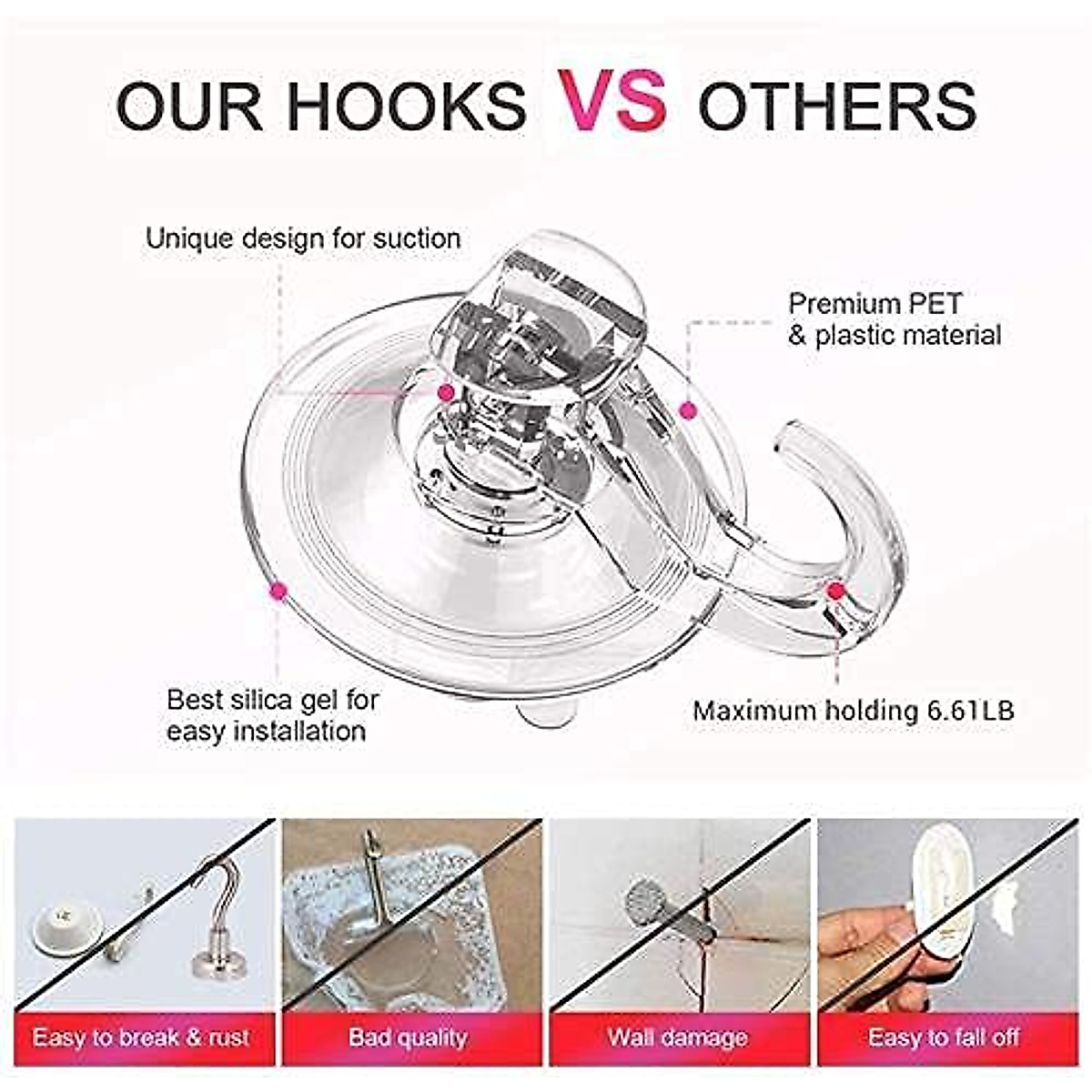 LUXEAR Suction Cup Hooks, 2 Pack Removable Reusable Razor Hook and 6 Pack Powerful Suction Hooks for Towel, Loofah, Window