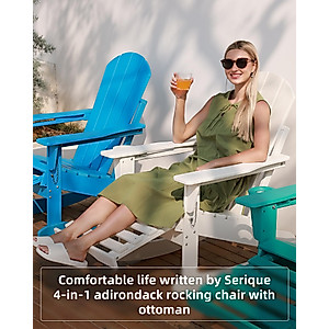 Serique Folding Adirondack Rocking Chair,4-in-1 Multifunctional Patio Chair with Retractable Ottoman, Outdoor Chair Wood Texture, Lawn Chair for Porch, Backyard, Pool(White)