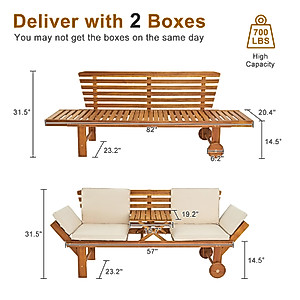 Outvita Acacia Wood Patio Convertible Couch Sofa Bed w/Adjustable Armrest & Wheels, Outdoor Daybed w/Removable Cushions & Pillows, Folding Chaise Lounge Bench for Porch Courtyard Poolside(White)