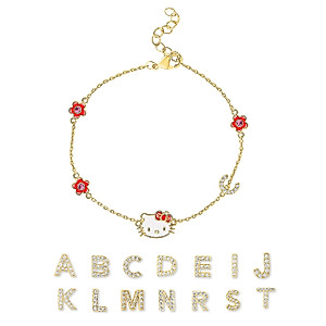 Hello Kitty Sanrio Womens Initial Bracelet 6.5" + 1"- Official License 18k Flash Plated Cubic Zirconia Letter C Bracelet