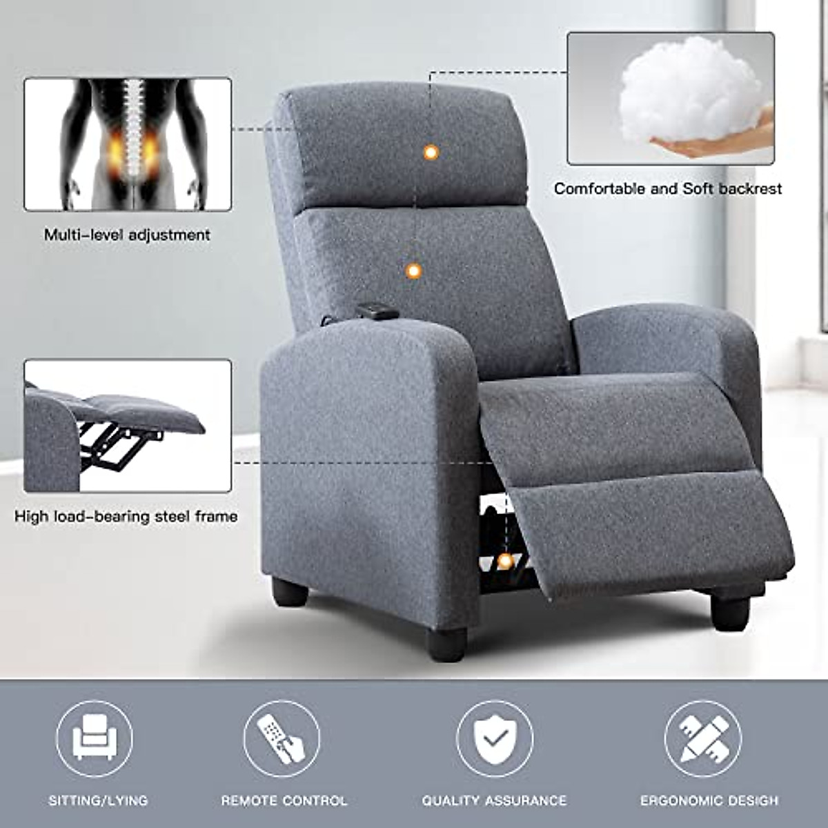 Phoenix Home New Model Massage, Modern Single Sofa Padded Backrest and Thick Seat Cushion, PU Leather Recliner Chair for Living Room, Home Theater, Grey