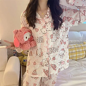 Cute Fashion Long Sleeve Cardigan Pajamas Set Kawaii Leisure Loose Two-Piece Sleepwear Set For Women Girls-S Pink