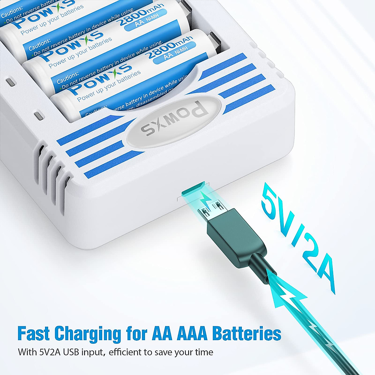 POWXS 8 Bay AA AAA Batteries Charger, Independent and Fast Battery Charger for 1.2V Ni-MH Ni-CD AA Triple AAA Rechargeable Batteries with Convenient USB Cable