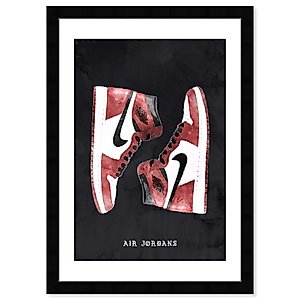 Wynwood Studio Red Basketball Sneakers Wall Art Street Style Home Décor Framed Poster Print Painting 'Classic Sneakers' in Black, Red Air Swoosh Jordans