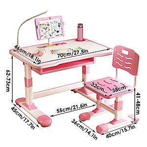 Cuteam Kids Study Desk Chair Set, Height Adjustable Toddlers Writing Table with Tiltable Reading Stand, Living Room Bedroom Children Learning Table with Extra Large Drawer (Pink)