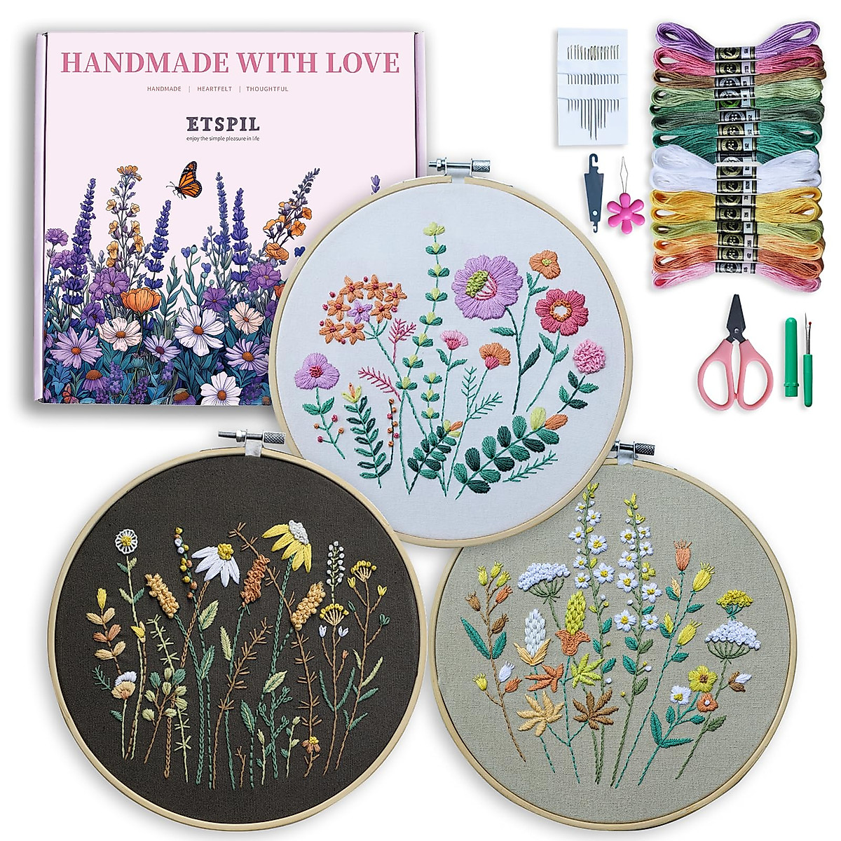ETSPIL 3 Pack Beginner Embroidery Kits for Adults, DIY Starter Set with Stamped Flower Designs, Embroidery Hoop, Colorful Threads, Tools, Step-by-Step Instructions & Video Tutorial