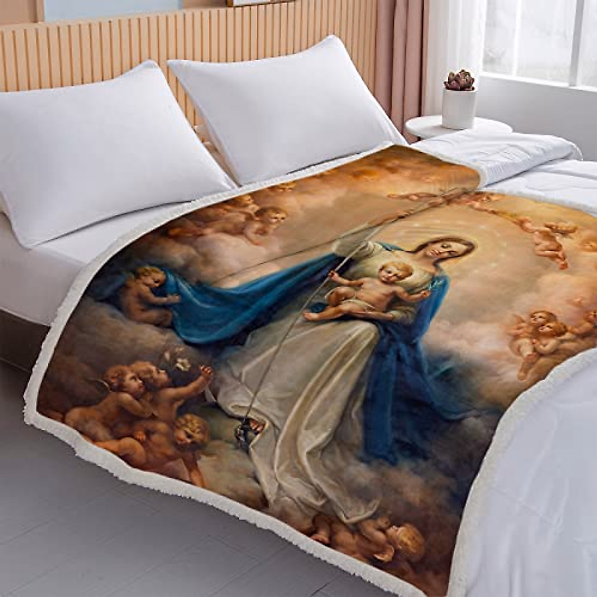 Bedmust Blue Virgin Angel Throw Blanket Virgin Maria Authentic Catholic Blankets Mother Blanket Flannel Fleece Throw Blanket (60x50 inches)