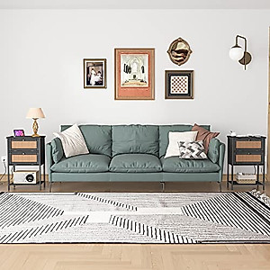 NONGSHIM Nightstand with Charging Station, Rattan Side Table with USB Ports and Outlets, Bedside Table with Open Storage Shelf, 4 Tier Modern Sofa End Table for Bedroom, Living Room, Office, Black