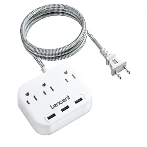 LENCENT 2 Prong Power Strip, 2 Prong to 3 Prong Outlet Adapter, 6.6 ft Braided Extension Cord with Polarized Plug, 3 AC Outlets & 3 USB(5V 3.4A Max), Wall Mountable, Ideal for Non-Grounded Outlets