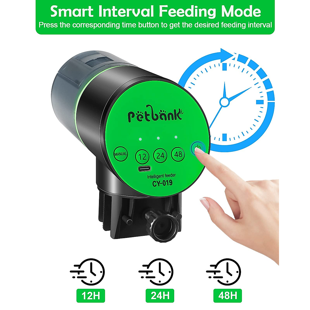 Petbank Automatic Fish Feeder for Aquarium - Auto Fish Food Dispenser Rechargeable for Small Large Tank with USB Charger Cable，12/24/48H Interval Esay Set Up (Green, CY-019)