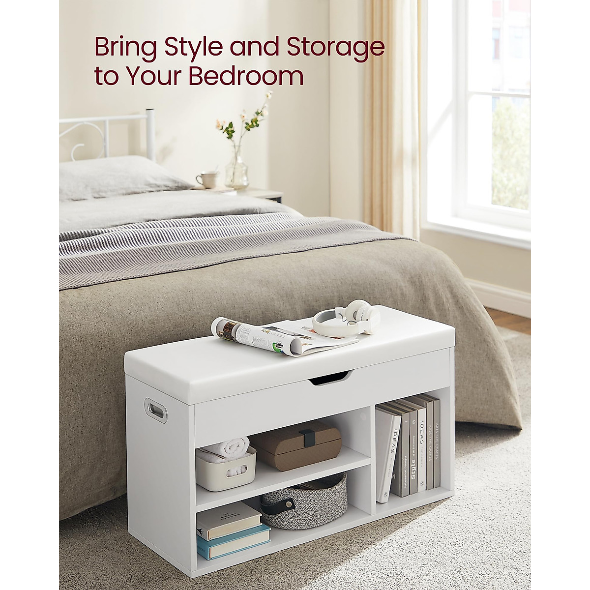 VASAGLE Storage Bench with Cushion, Shoe Bench with Padded Seat, 3 Compartments, Hidden Storage, Shelves, Hallway Bedroom, Load Capacity 330 lb, 11.8 x 31.5 x 17.3 Inches, Cloud White