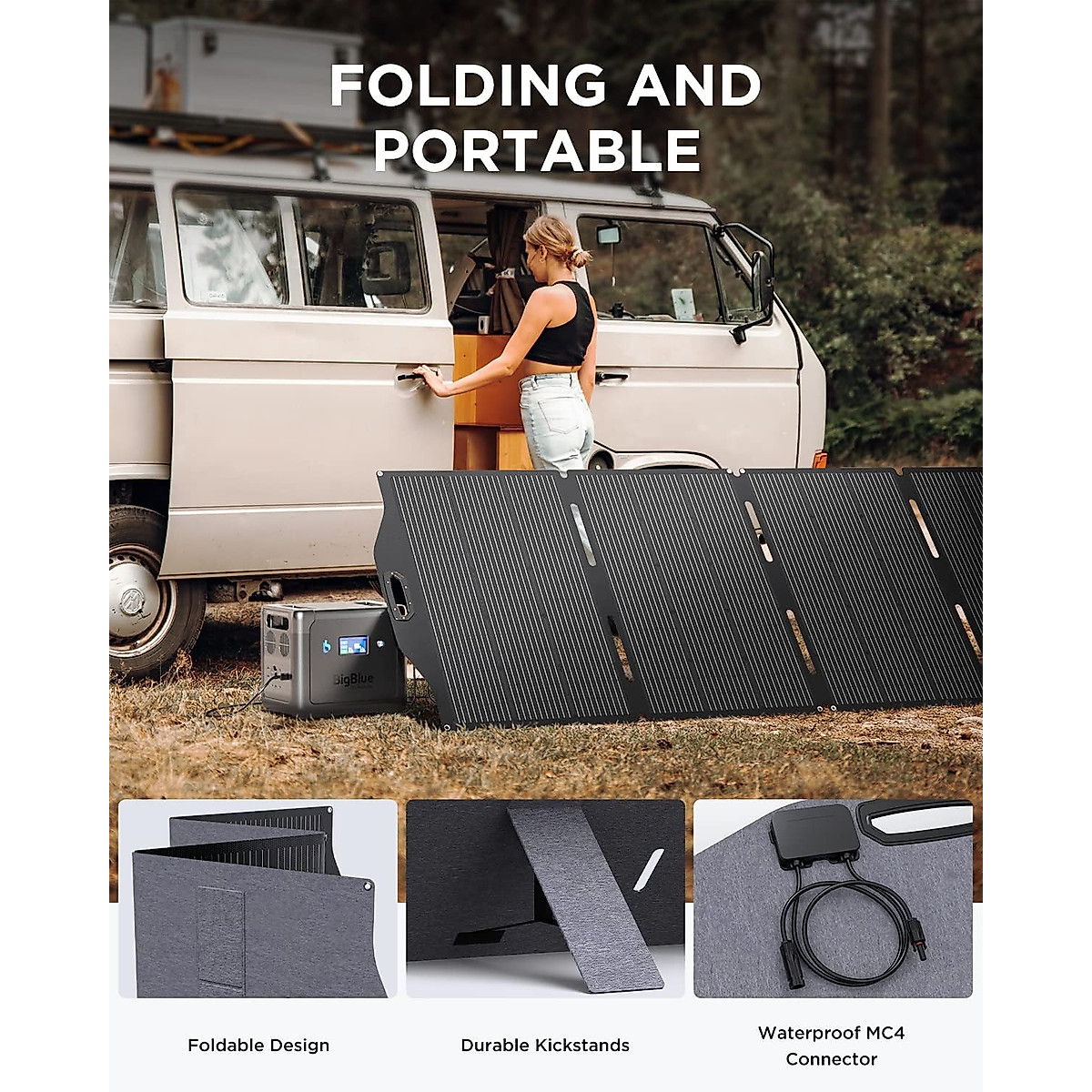 ETFE Solar Panels 400 Watts, BigBlue SolarPowa 400 Portable Solar Charger with Kickstands and MC-4(51.3V/7.8A), IP68 Waterproof, Charge Fast Cellpowa 2500 Power Station for Camping, RV Off Grid System