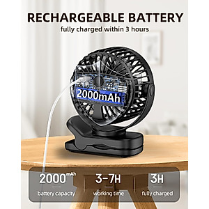 TUNISE Mini Clip on Fan, Battery Operated Desk Fan, Digital display，3 Speeds Adjustable, Bidirectional 360 ° Adjustable, Super Strong Wind, Portable Fan for Home Office Stroller Camping Black