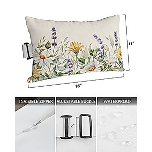 Recliner Head Pillow Ledge Loungers Chair Pillows with Insert Daisy Spring Plants Leaf Lavender Retro Linen Texture Summer Lumbar Pillow with Adjustable Strap Patio Cushion for Bench Couch, 2 PCS
