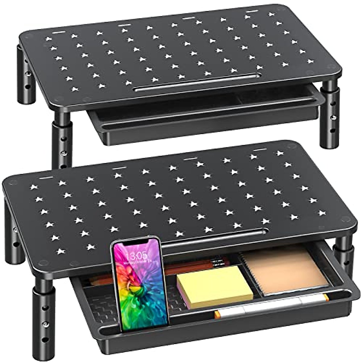Zimilar 2 Pack Monitor Stand Riser with Drawer - 3 Height Adjustable Monitor Stand with Unique Star Mesh, Metal Monitor Riser for Computer Laptop Notebook Printer