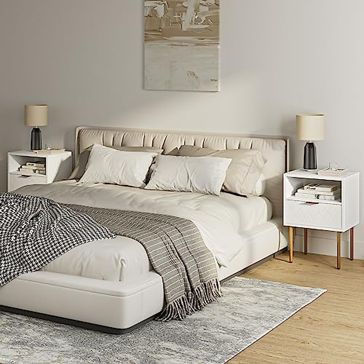 Aobafuir Nightstand, Drawer Dresser for Bedroom, Small Side Table with Drawer, Bedside Furniture, Night Stand, End Table with Gold Frame for Bedroom,Living Room,White