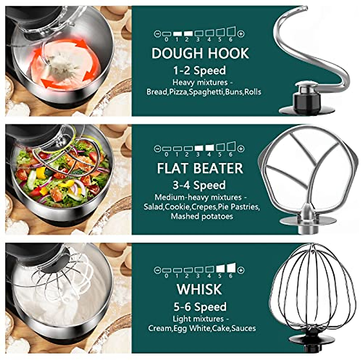 Loniko Stand Mixer, 6.5-QT 6-Speed Tilt-Head Food Mixers Kitchen Electric Stand Mixer, Household Stand Mixers with Dough Hook, Flat Beater & Whisk, Baking Mixer with Stainless Steel Bowl(Black)