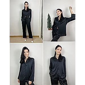 Ekouaer Black Silk Pajamas for Womens Satin Soft Sleepwear Long Sleeve Button loungewear Pj Set with Pockets Black Large