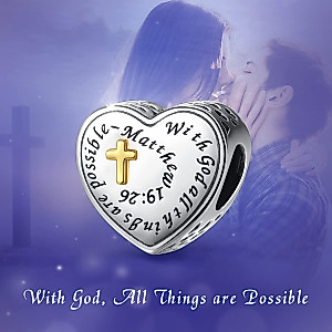 Vito Sterling Silver Charms for Pandora Bracelets, With God All Things Are Possible Cross European Beads Christian Gifts for Women