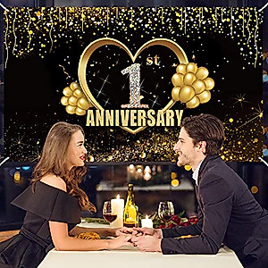 Yoaokiy 1 Year Anniversary Banner Decorations, Extra Large Happy 1st Wedding Anniversary Backdrop Poster Sign Supplies, Gold One Year Anniversary Decor Photo Props for Outdoor Indoor(6 X 3.6ft)