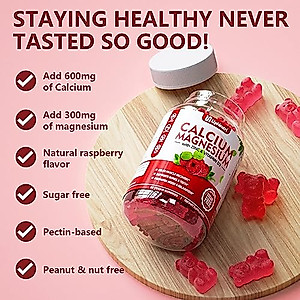 Calcium Magnesium Zinc with Vitamin D3 Gummies, Sugar Free Calcium Supplements for Women Men, High Absorption Zinc Gummies for Bone & Muscle & Immune Health, Vegan Raspberry Flavor - 120 Count