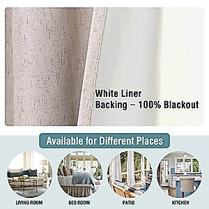 Linen Blackout Curtains 72 Inches Long 100% Absolutely Blackout Thermal Insulated Textured Linen Look Curtain Draperies Anti-Rust Grommet, Energy Saving with White Liner, 2 Panels, Natural