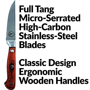 Steak Knife Set in Gift Box 6 Full Tang High Carbon Stainless Steel Micro Serrated Knives Classic Dark Brown Ergonomic Pakkawood Handles Luxury Beech Wood Case Premium Deluxe Birthday Gift Idea