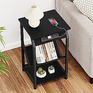 IDEALHOUSE End Table with Charging Station, Black Side Table with USB Ports and Outlet in Living Room & Bedroom, Wooden Sturdy Couch Bedside Small Bookcase