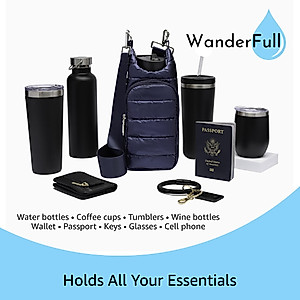 WanderFull Original Crossbody HydroBag | Quilted Water Bottle Carrier | Puffer Tote Tumbler Holder with Pockets for Purse, Phone & Accessories | Carry Travel Essentials (Navy Shiny & Solid Strap)