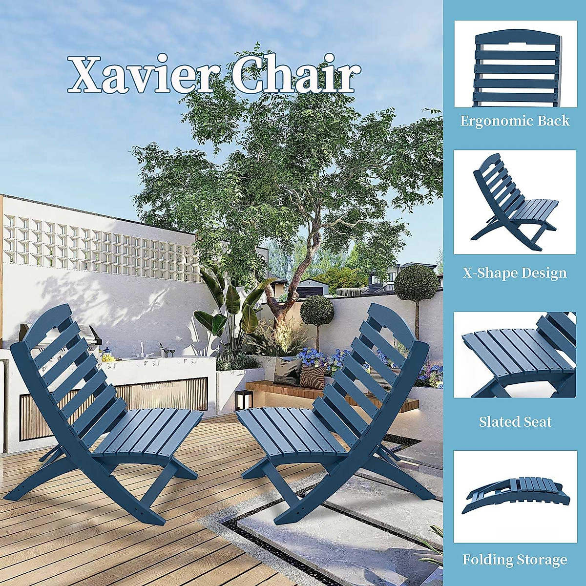 VSMKSJ All-Weather Portable Adirondack Chairs Set of 2,HDPE Plastic Xavier Chair,FirePit Chairs, Navy Blue