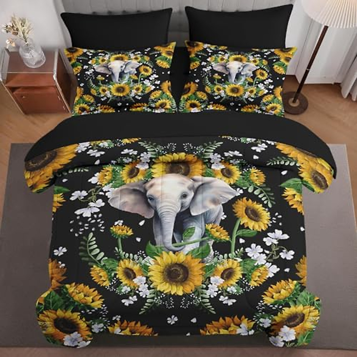 Pinbeam 7 Pcs Comforter Set Full Size, Elephant Animal Cute Bed in a Bag with Flat Sheet and Fitted Sheet for Kids and Adults, Sunflower Flower Yellow Bedding Set with Pillowcase & Sham