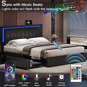 Hasuit Queen Bed Frame with 4 Storage Drawers, LED Light Queen Size Platform Bed with Charging Station, Artificial Leather Upholstered Bed with Adjustable Headboard, No Box Spring Needed