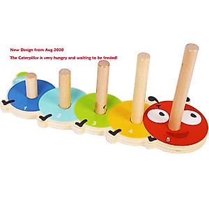 TOWO Wooden Stacking Rings Baby –Lovely Caterpillar Counting Game - Colour Sorting Puzzle - 5 Pegs Ring Stacker - Counting Rings Early Learning Wooden Toys for 1 Year Old Gift First Birthday Boy Girl