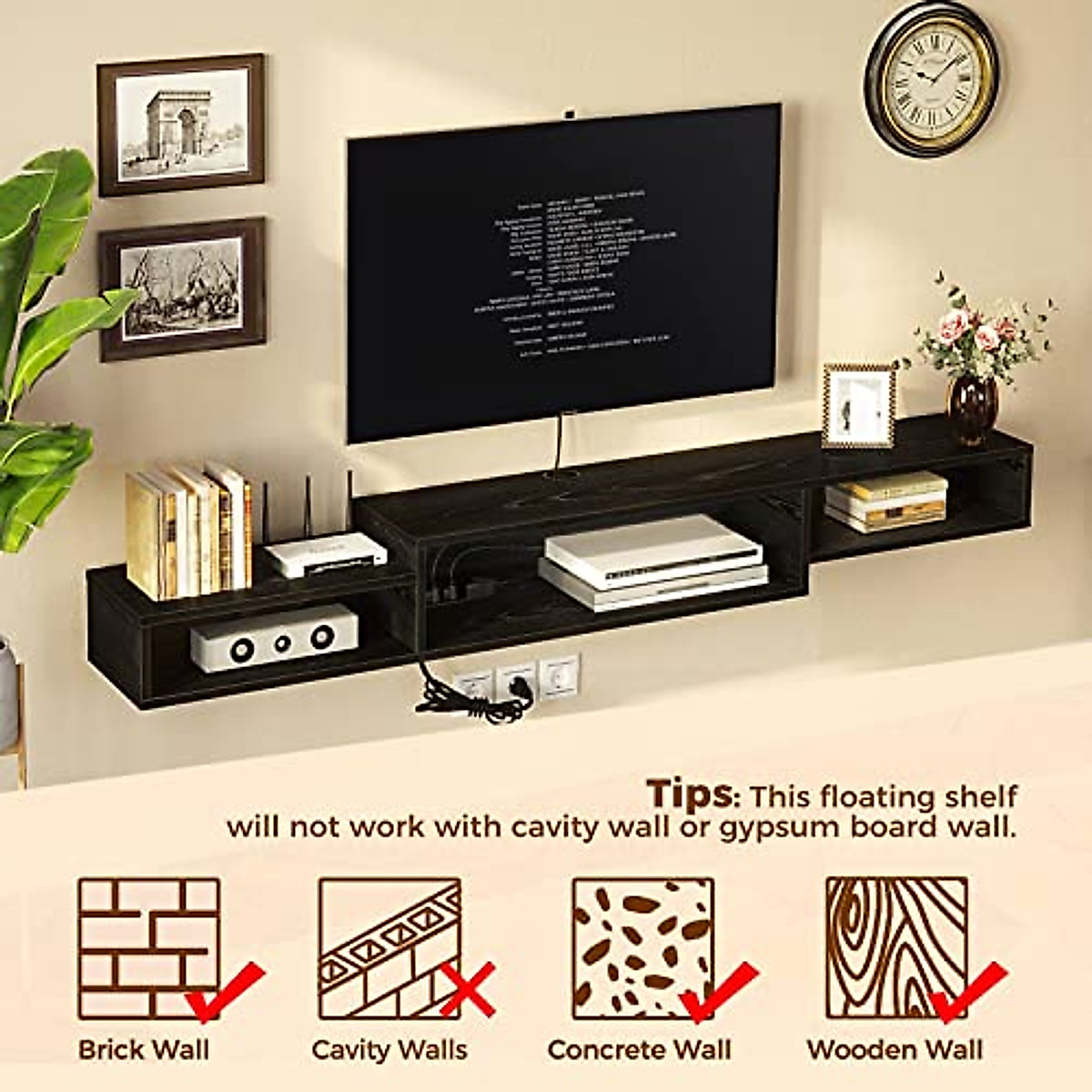 Rolanstar TV Stand with Power Outlet, 71" Floating TV Stand, Wall Mounted Media Console for 43/50 / 55/60 inches TV, Entertainment Storage Shelf for Living Room, Black