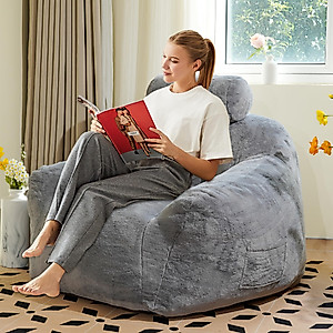 LFCREATOR Giant Bean Bag Chair for Adults, Faux Fur Fabric Large Bean Bag Chair, Comfortable Bean Bag Sofa Chair with Ergonomic Support for Living Room, Bedroom, Gray.