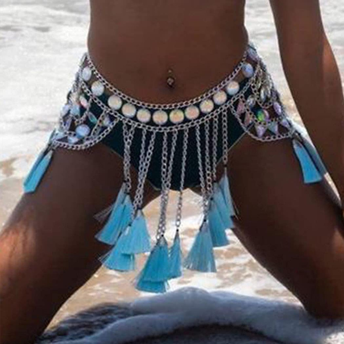 Salliy Rhinestone Body Chains Skirt Silver Sexy Belly Chain Dresses Festival Outfits Summer Body Bottom Jewelry for Women and Girls（Only Skirt）