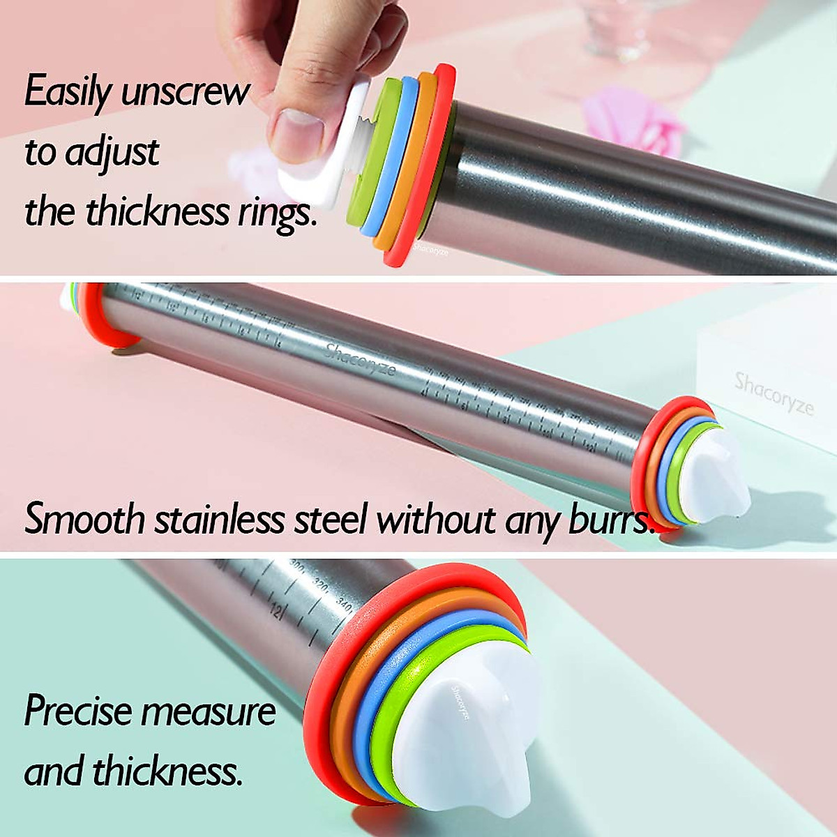 Shacoryze Rolling Pin with 4 Thickness Rings, Adjustable French Dough Roller Stainless Steel Nonstick Pastry Mat Spatula Brush Set for Baking Fondant, Pizza, Tortilla, Pasta, Pie, Pastries, Cookies