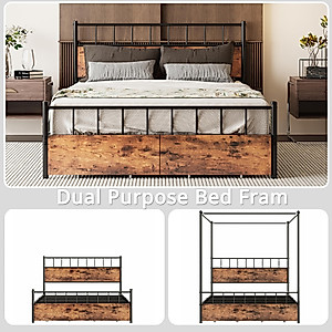 LIKIMIO Canopy Bed Frame Queen with Wooden Headboard and Drawer, Queen Size Bed Frame with 4 Removable Sturdy Posts, Noise Free, No Box Spring Needed, Rustic Brown